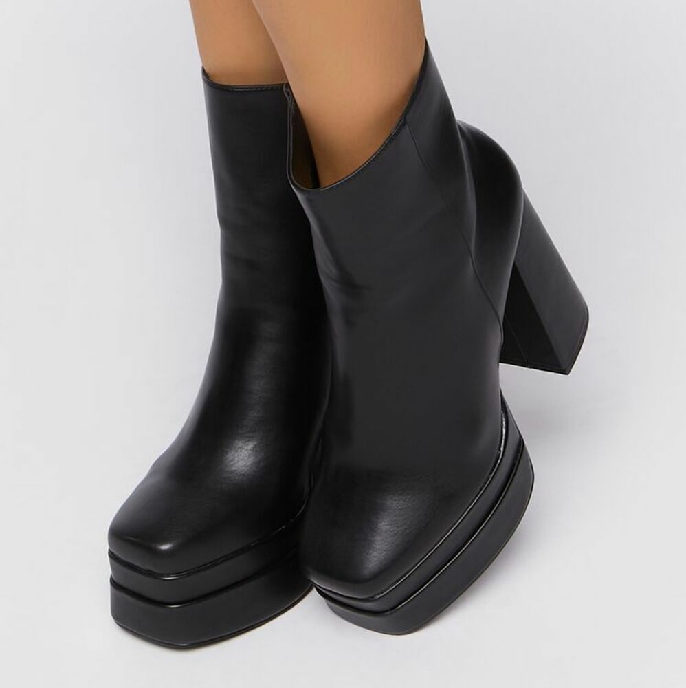 Y2k Black Chunky Heel Platform Ankle Boots Size 8 Euc - Gem